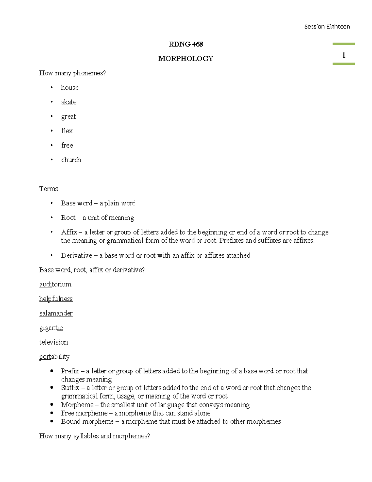 Session 18 RDNG 468 Morphology: Phonemes, Morphemes, and Affixes - Studocu