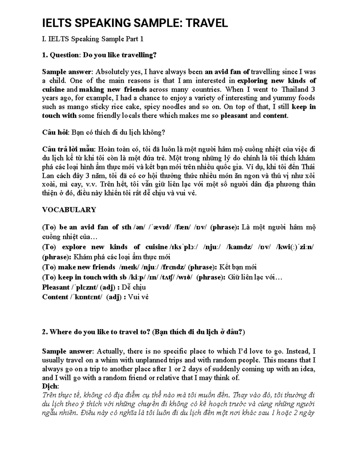 Ielts Speaking - Travelling - IELTS SPEAKING SAMPLE: TRAVEL I. IELTS ...