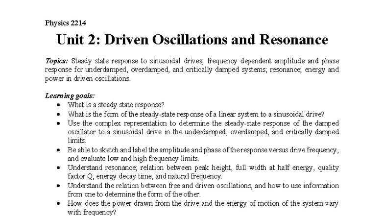 Physics 2214 Unit 2: Driven Oscillations & Resonance Overview - Studocu