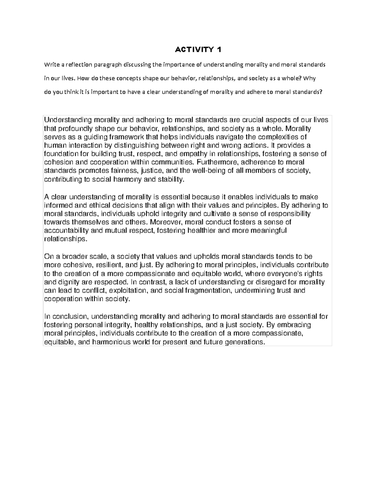 Activity 1: Reflection on Morality and Its Impact on Society - Studocu