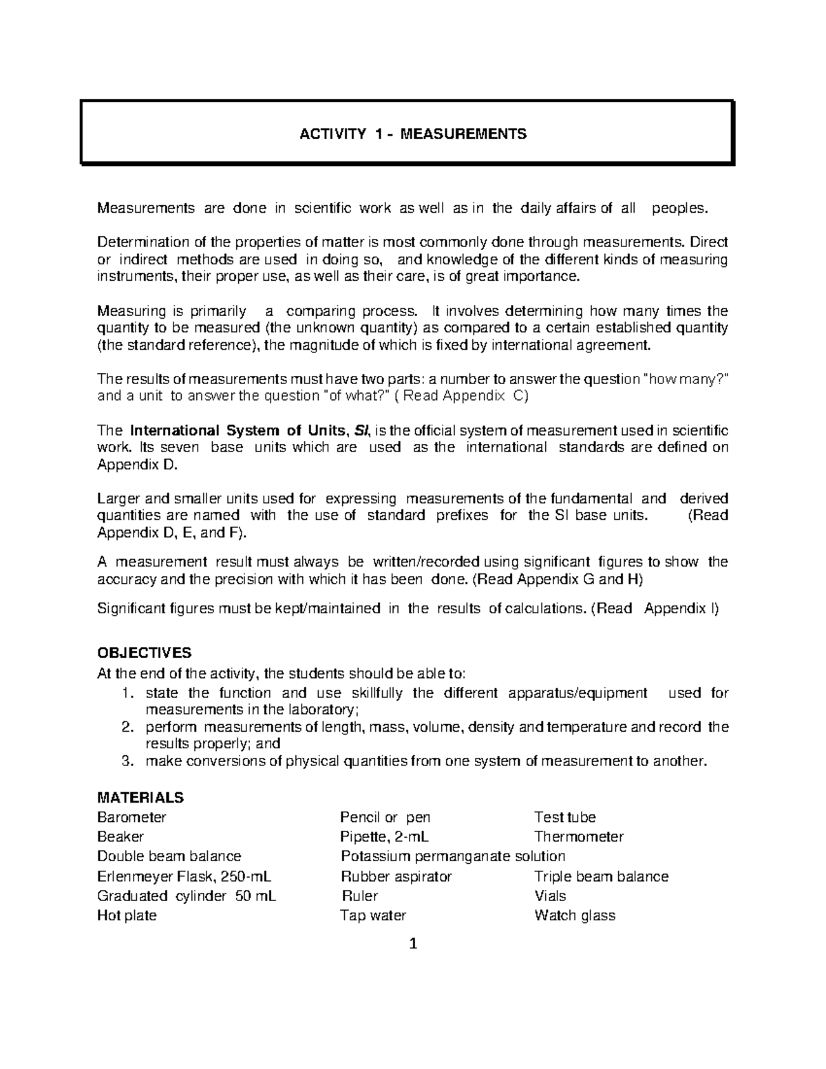 Activity 1 - Measurements in Scientific Work (SCI 101) - Studocu
