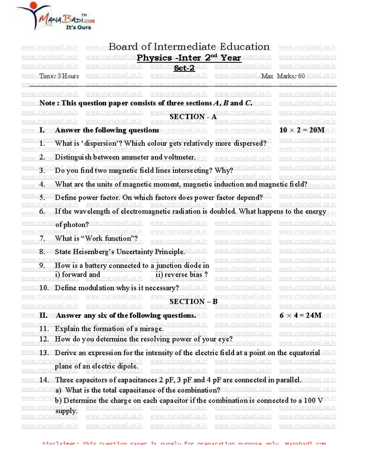 Physics 2nd Year Board Exam Set-2: 3 Hours, 60 Marks - Studocu