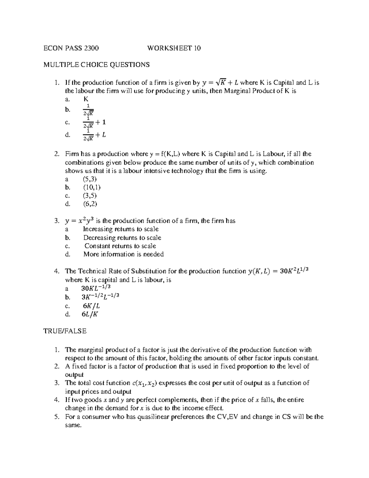 Worksheet 10 - tutorial - ECON PASS 2300 WORKSHEET 10 MULTIPLE CHOICE ...