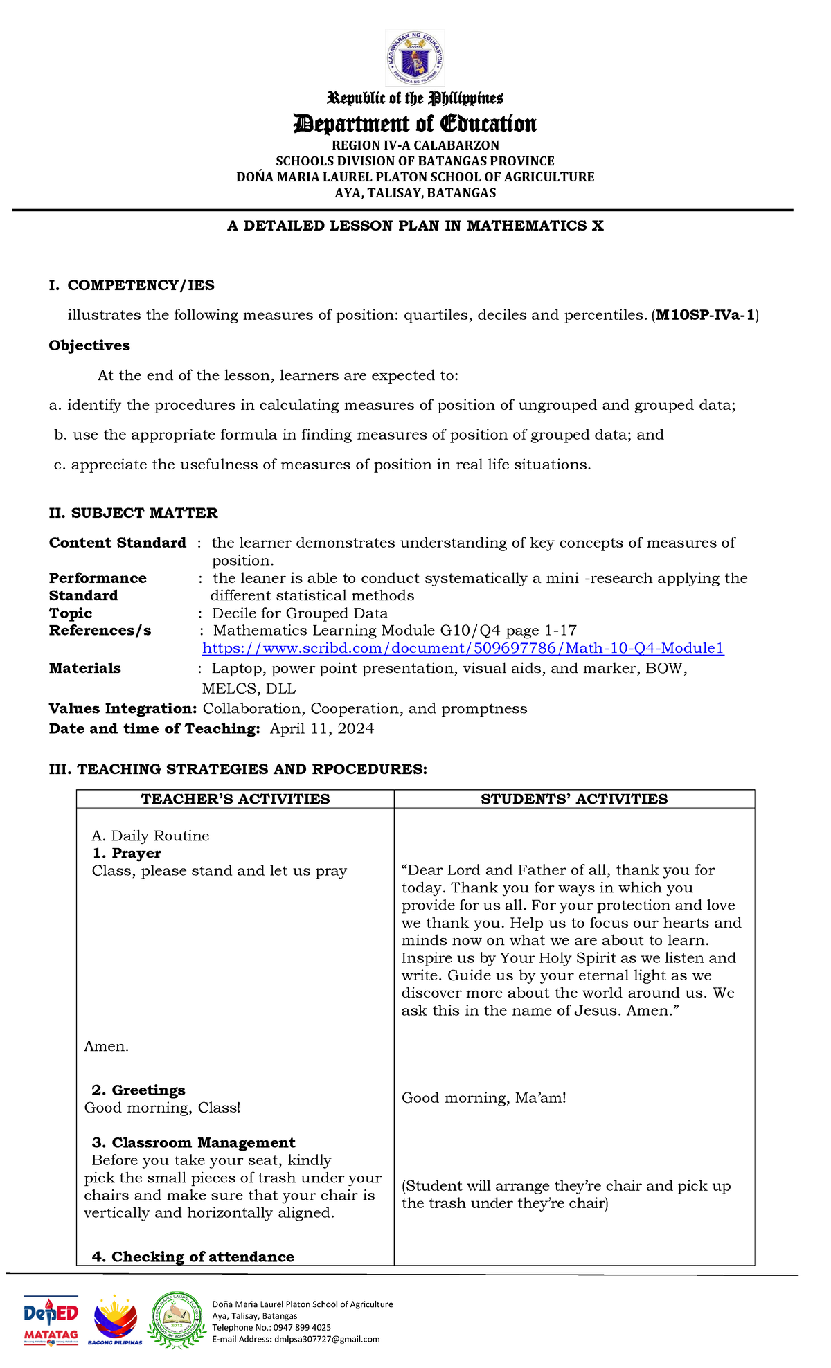 Mathematics X Detailed Lesson Plan: Decile Measures of Grouped Data ...