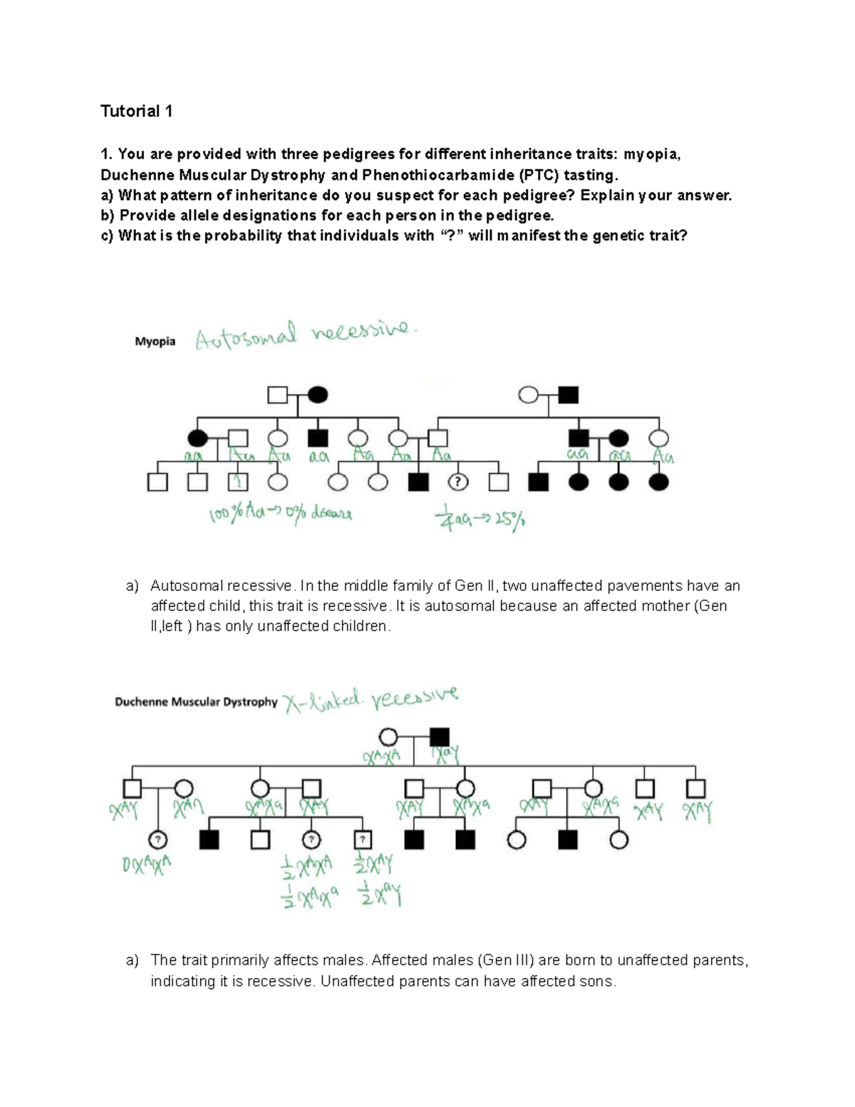 Bio 2C Tutorial 1: Inheritance Patterns & Pedigree Analysis - Studocu