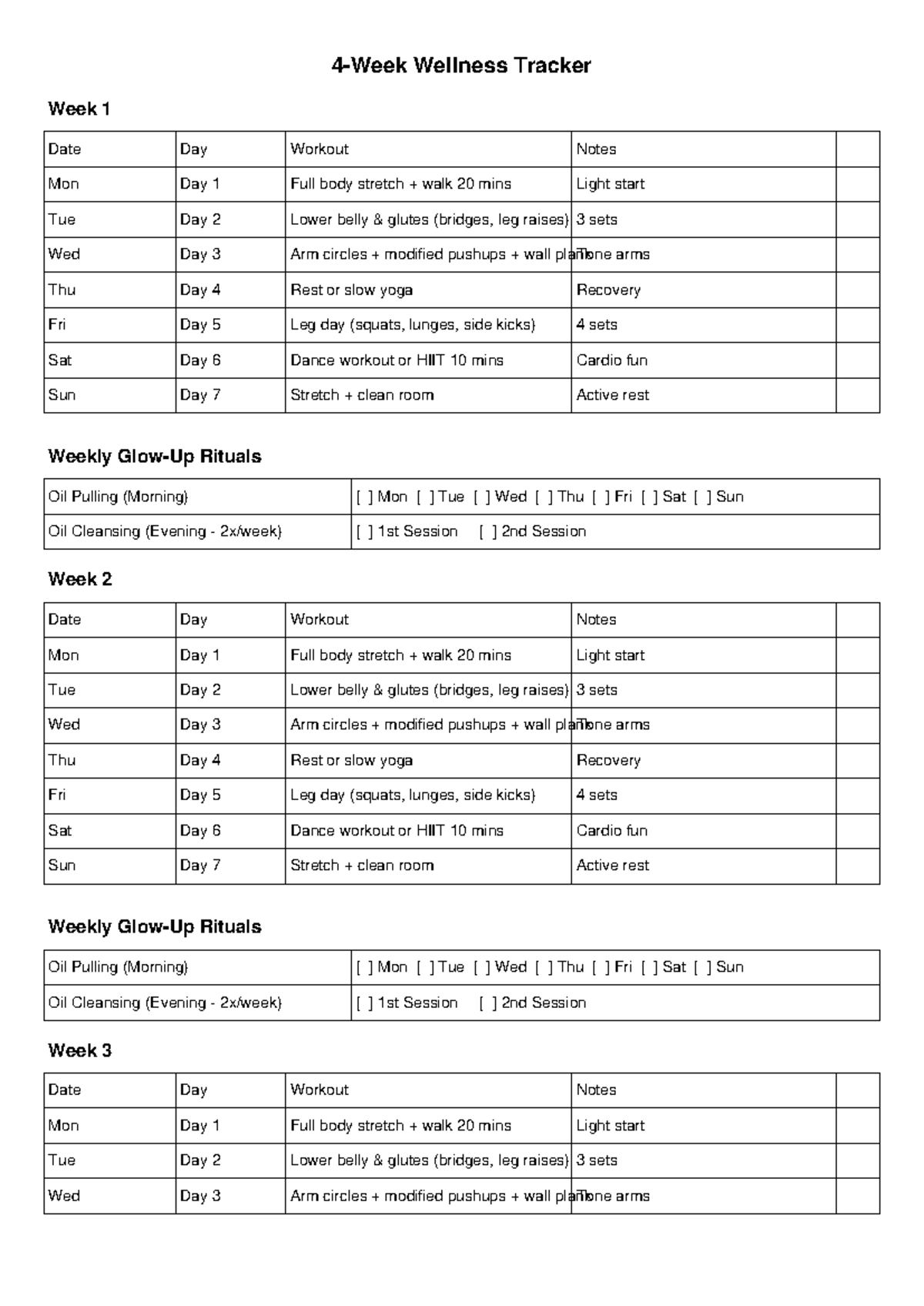 4-Week Wellness Tracker: Weekly Workout & Ritual Notes - Studocu