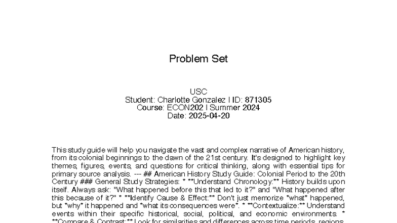ECON202 Study Guide: American History from Colonial to 20th Century ...
