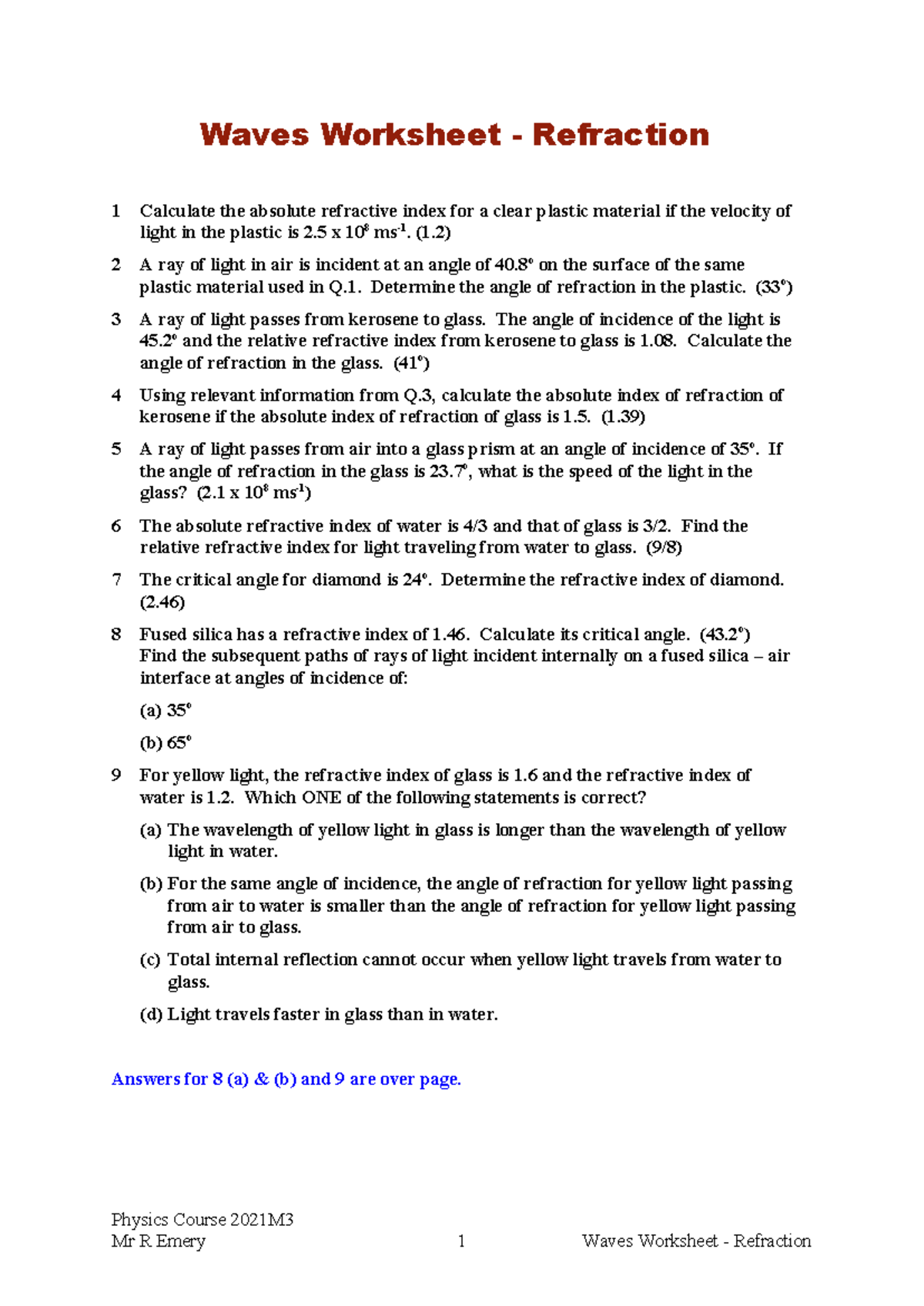 Waves Worksheet - Refraction (Physics 2021M3) - Studocu