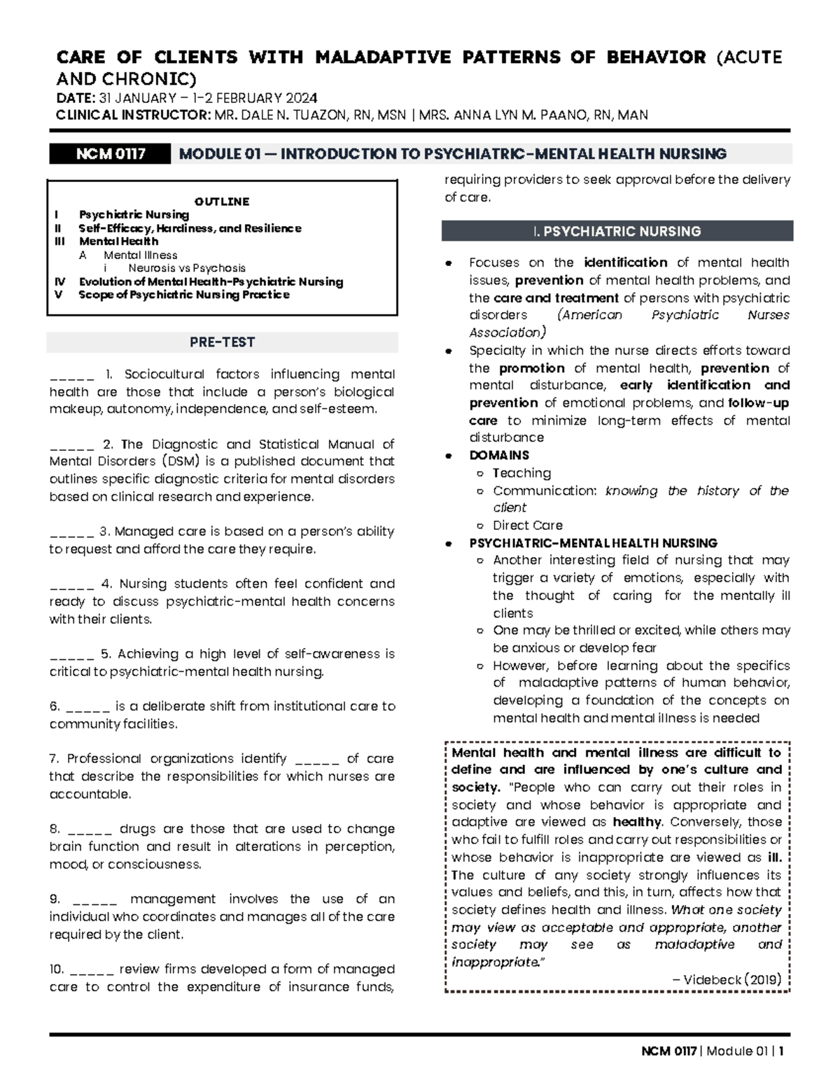 NCM 0117 Module 01: Care of Clients with Maladaptive Behavior Patterns ...