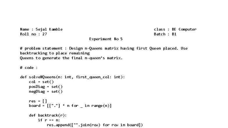 DAA PR 5: Backtracking Solution for N-Queens Problem - Studocu