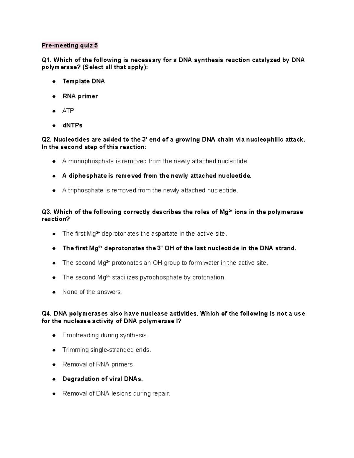 Bio 99 Quiz 5-7: DNA Synthesis, Replication, and Repair Questions - Studocu