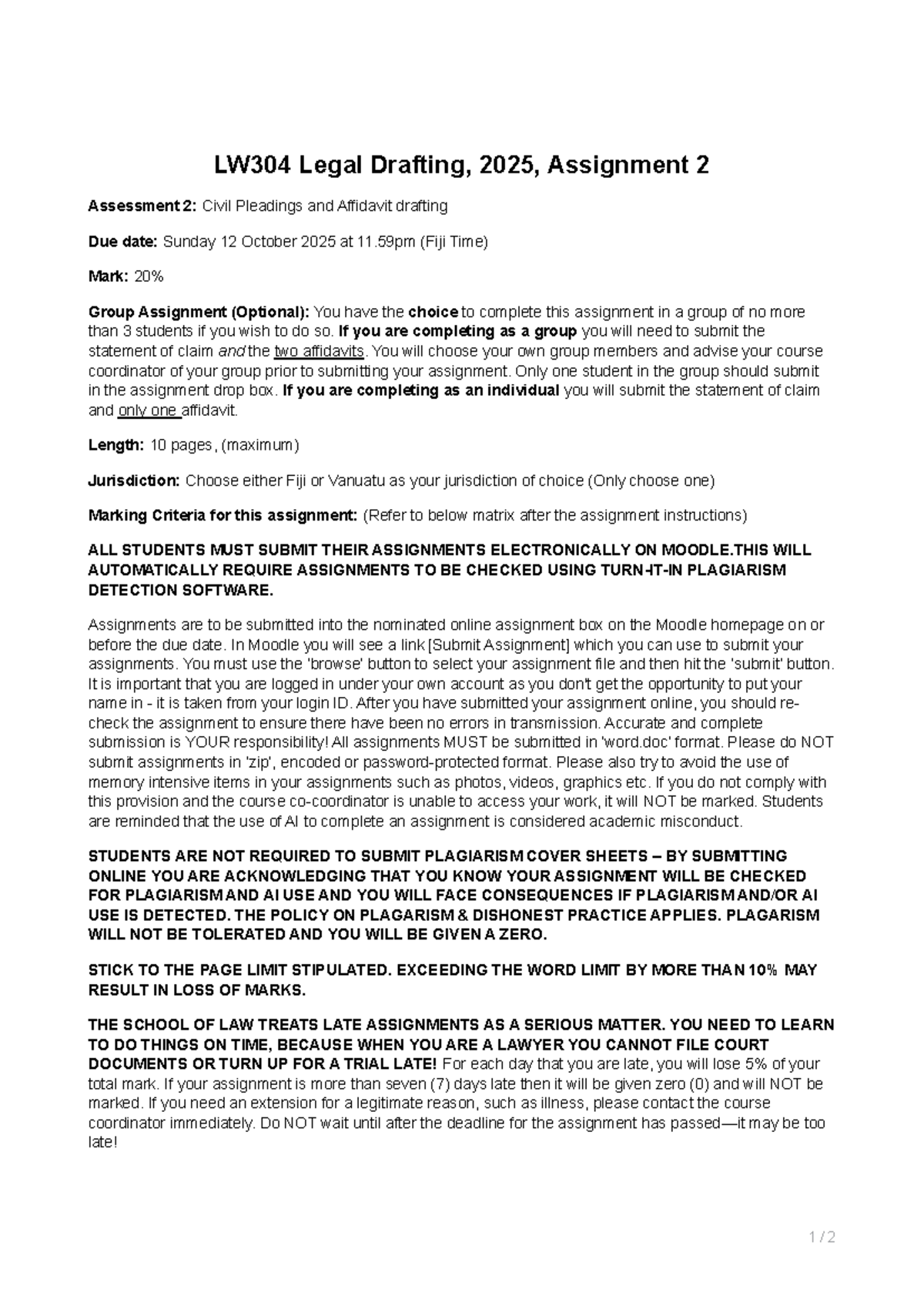 LW304 Legal Drafting: Assignment 2 - Civil Pleadings & Affidavit - Studocu