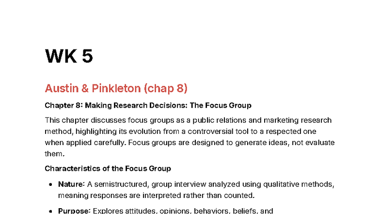 WK 5 Lecture Notes: Focus Groups & Formative Evaluation in Research ...