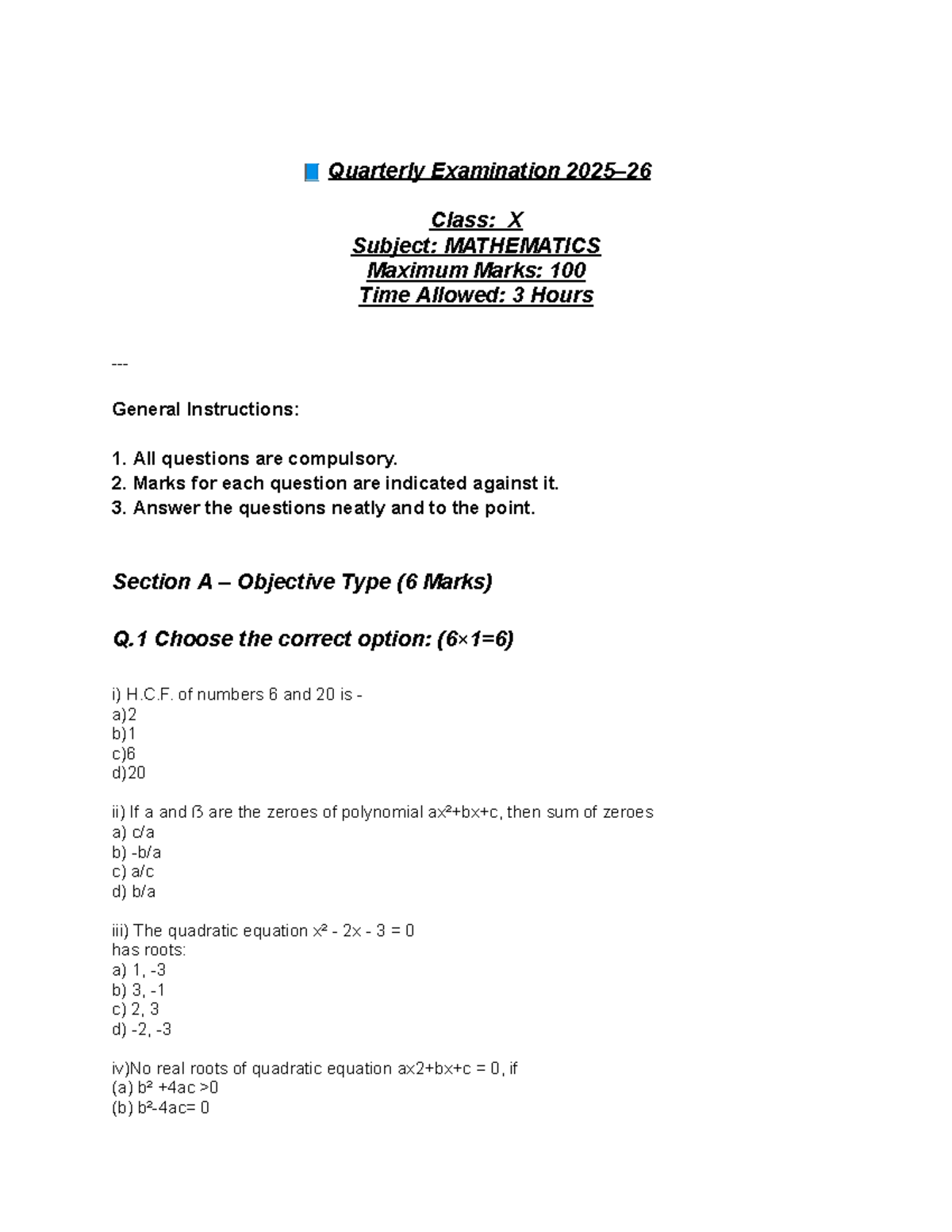 Class 10 GIS Quarterly Exam: Mathematics Paper - Studocu