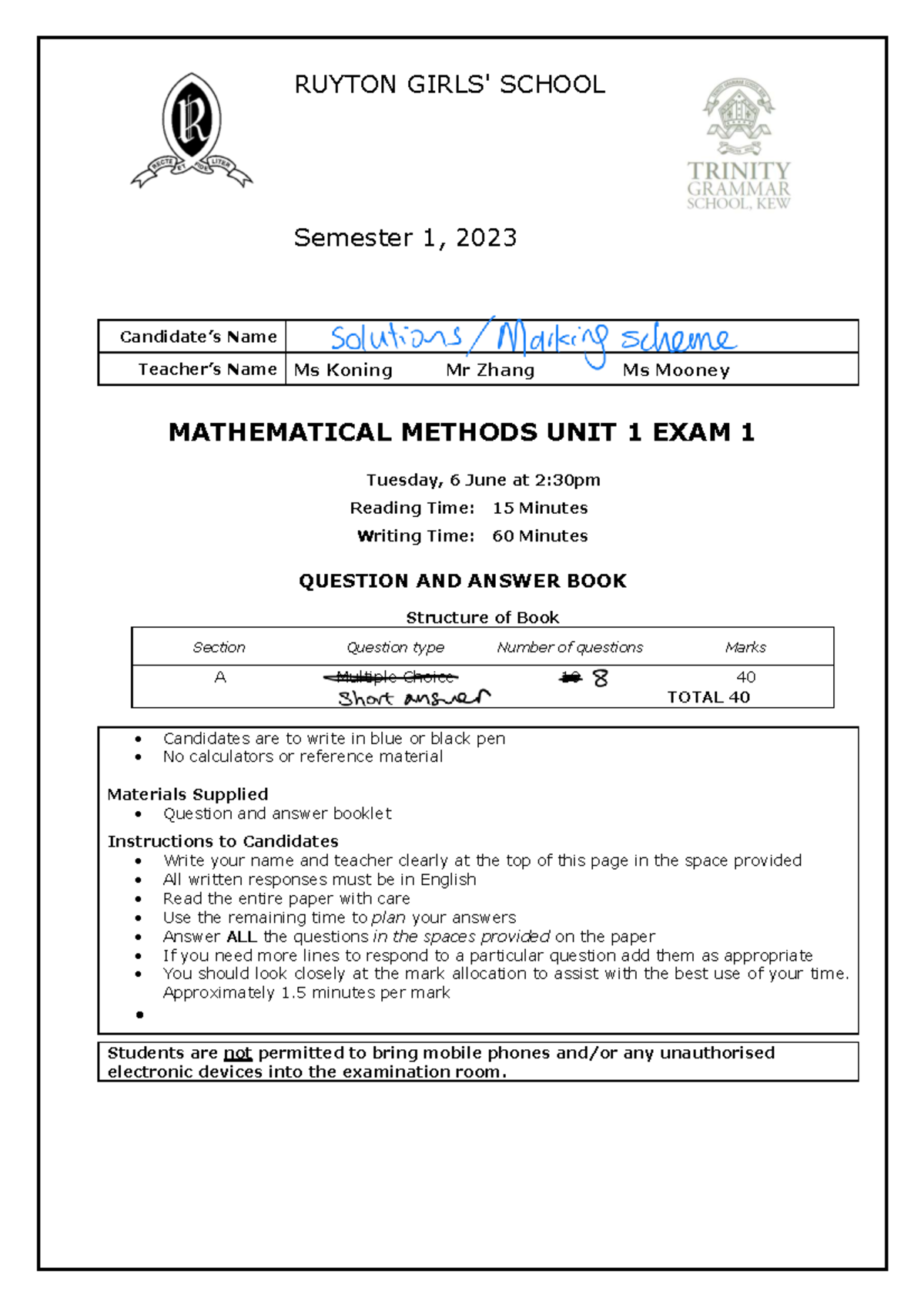 MATHEMATICAL METHODS UNIT 1 SEM 1, 2023 EXAM MARKING SCHEME - Studocu