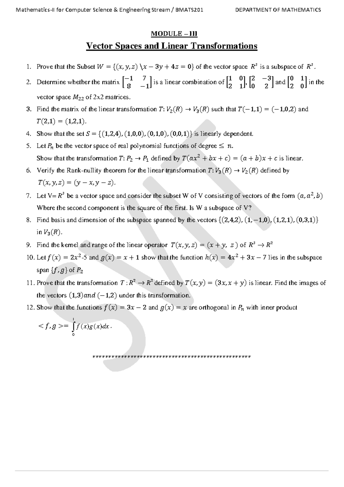 Module III - Vector Space and linear Transformations QB - Mathematics-II for Computer Science ...