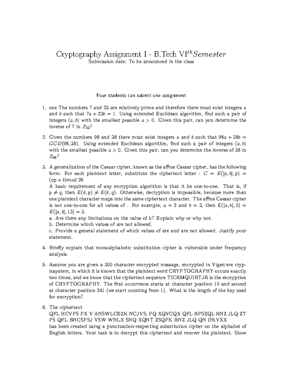 Crypto Assignment I: Extended Euclidean & Affine Cipher Analysis - Studocu