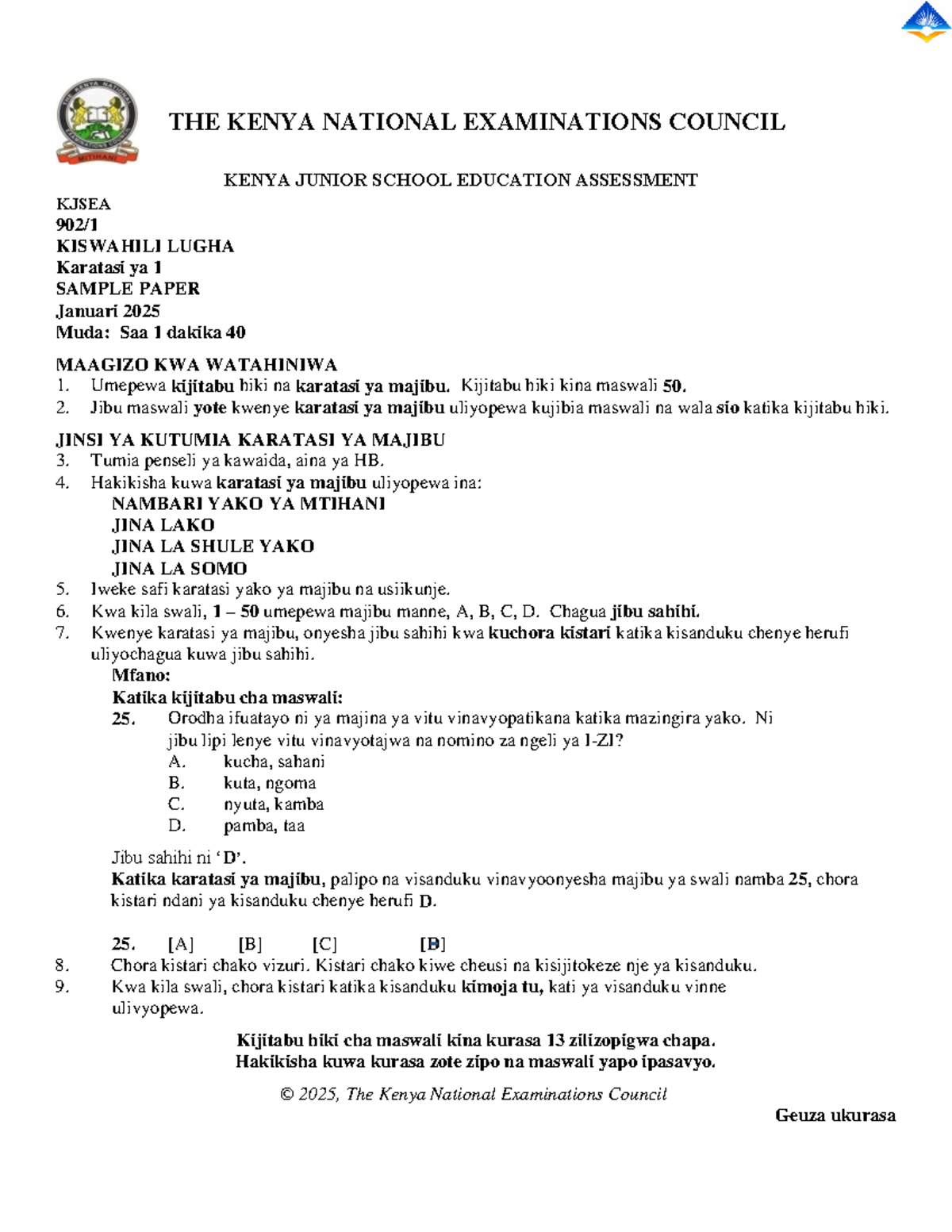 KISW LUGH PP1 KJSEA - Sample Paper for Kenya Junior School Exam - Studocu