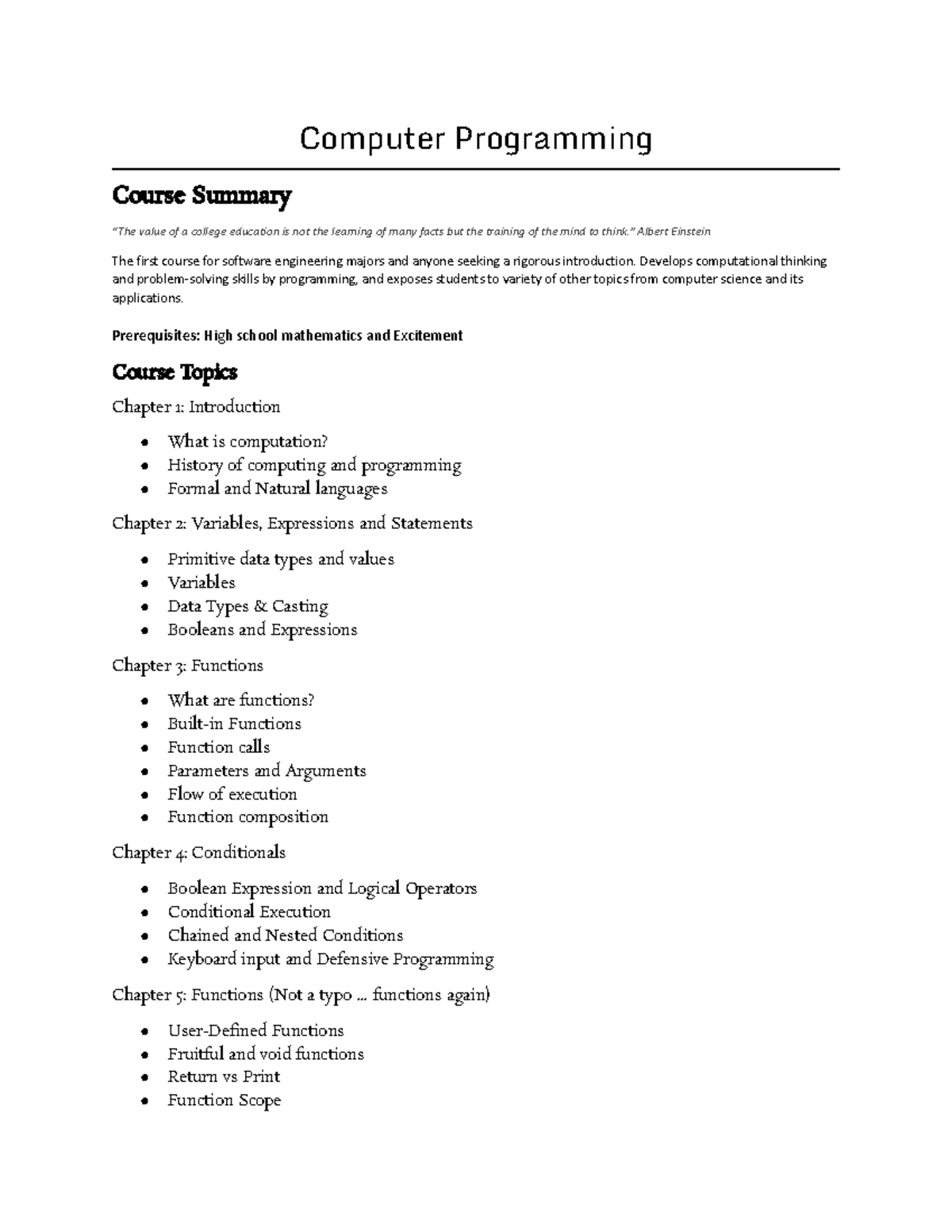 CS101: Syllabus for Fundamentals of Computer Science & Programming - Studocu