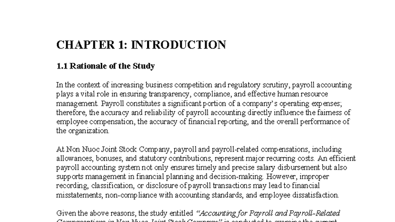 CHAPTER 1: INTRODUCTION TO PAYROLL ACCOUNTING AT NON NUOC JSC - Studocu