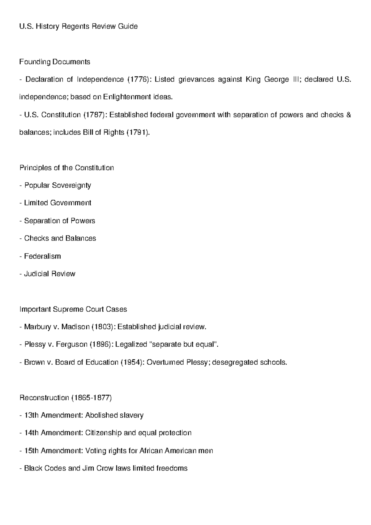 US History Regents Review Guide: Key Concepts & Events - Studocu