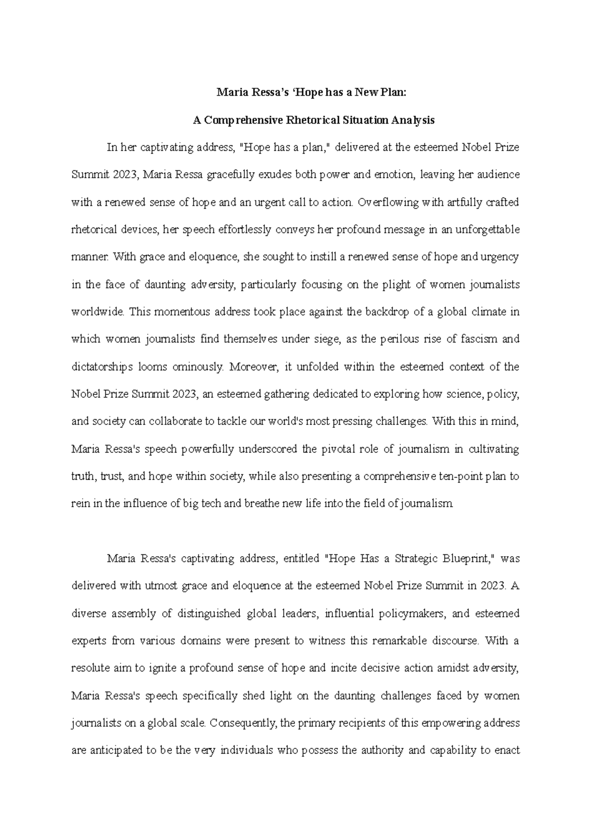 COMM 10B Summative Assessment Rhetoric Hunt - Maria Ressa’s ‘Hope has a ...