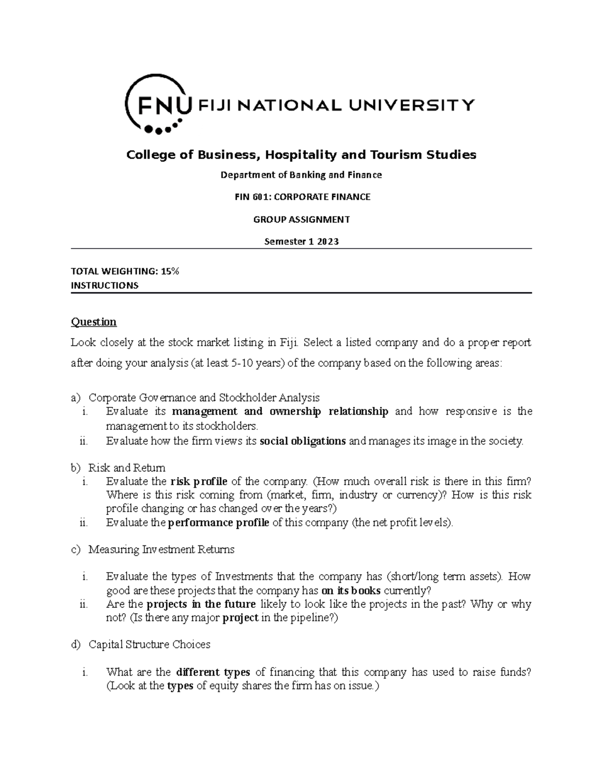 Fin 601 - Group Assignment: Corporate Finance Analysis Report - Studocu
