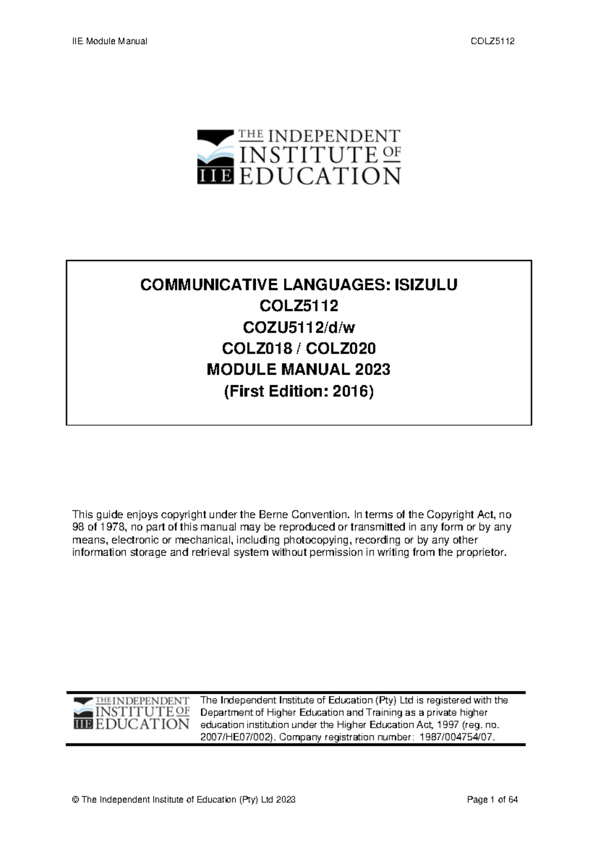 COLZ5112MM - Module Manual for IsiZulu Language Studies 2023 - Studocu