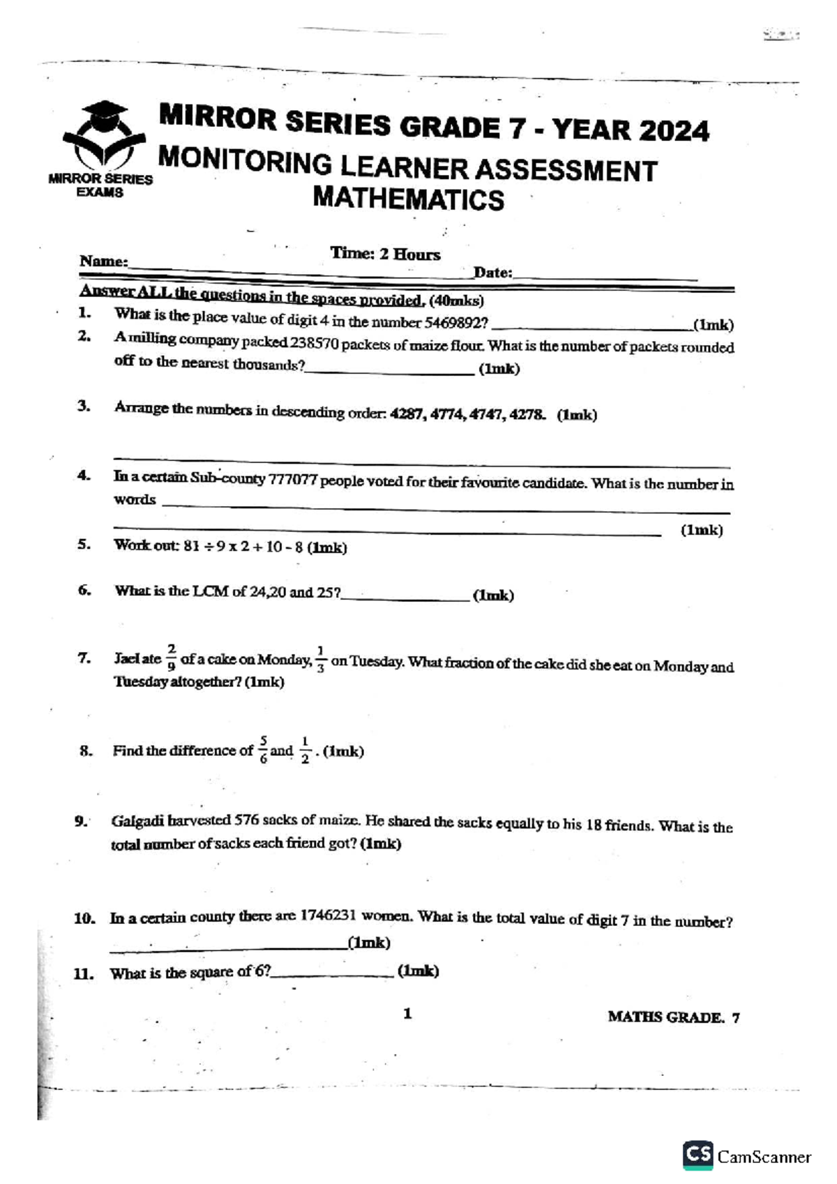 MATHS GRADE 7 CS 2024 MIRROR SERIES ASSESSMENT QUESTIONS - Studocu