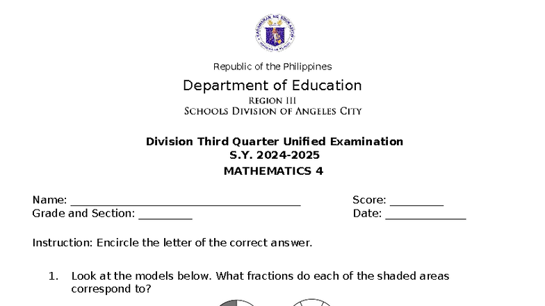 Mathematics 4 - Third Quarter Unified Exam (TQ) S. 2024 - Studocu
