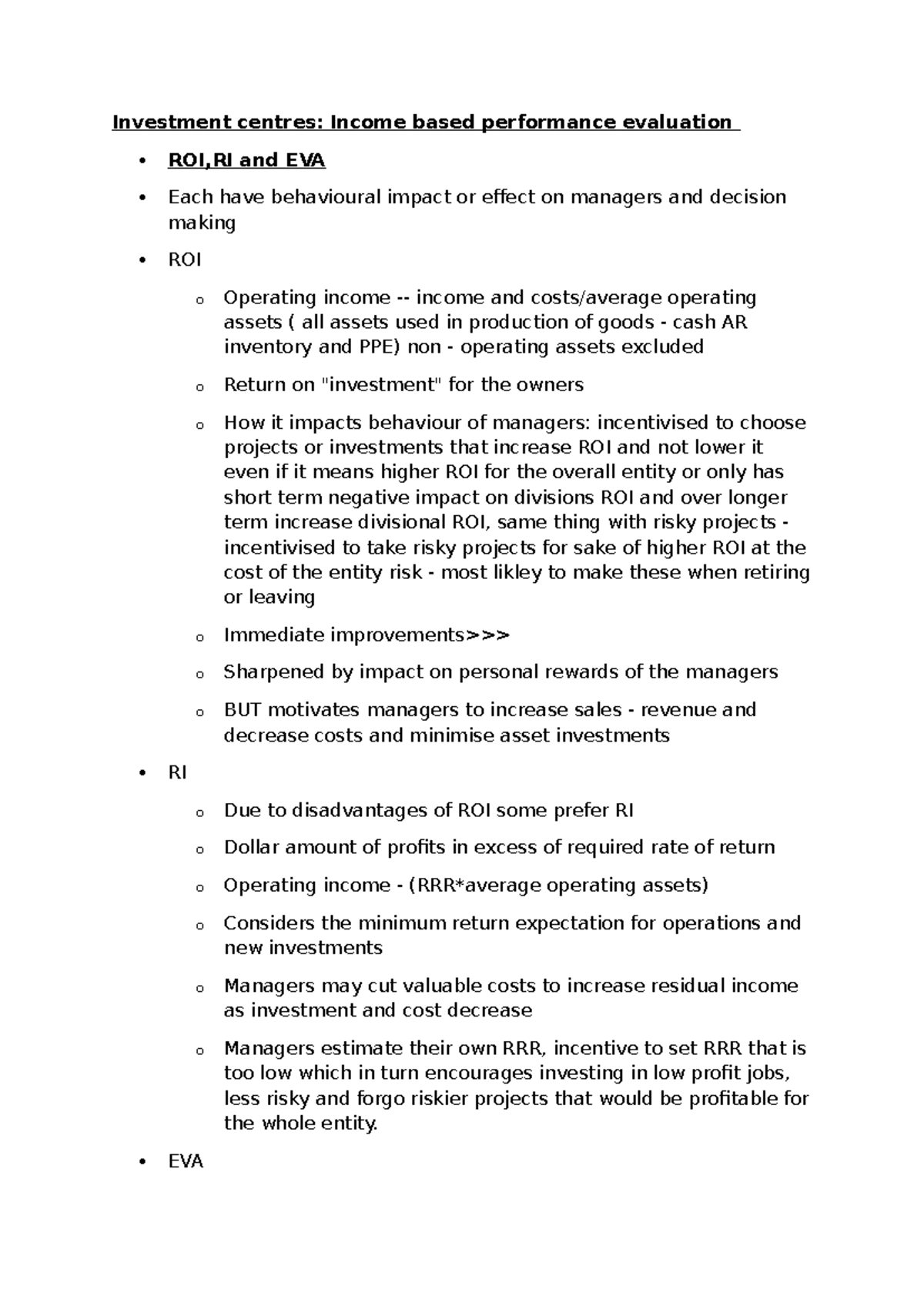 ACCT222 - Investment Centres: Evaluating ROI, RI, and EVA Effects on ...