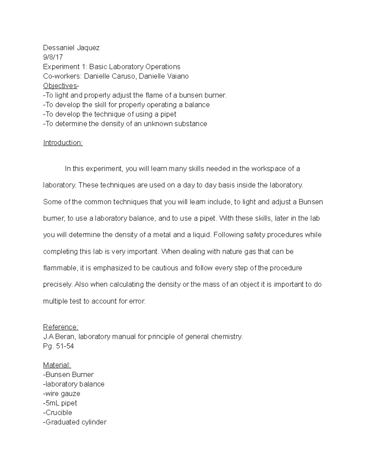 Chem Lab Report 1 - Dessaniel Jaquez Experiment 1: Basic Laboratory Operations Danielle Caruso ...