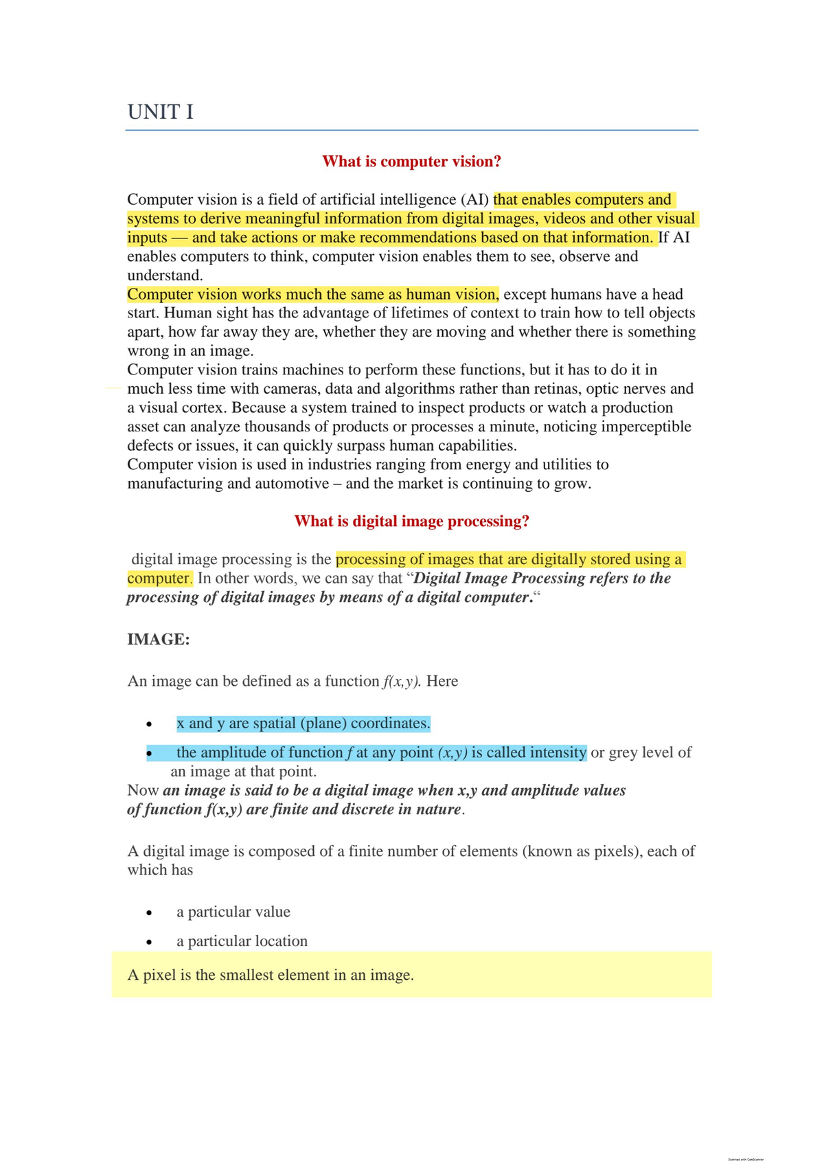 Computer Vision Notes Part 1: Key Concepts & Applications - Studocu