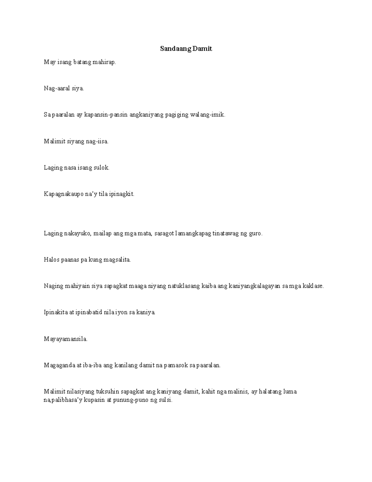 Sandaang Damit - Isang Buod ng Kwento at mga Tema - Studocu