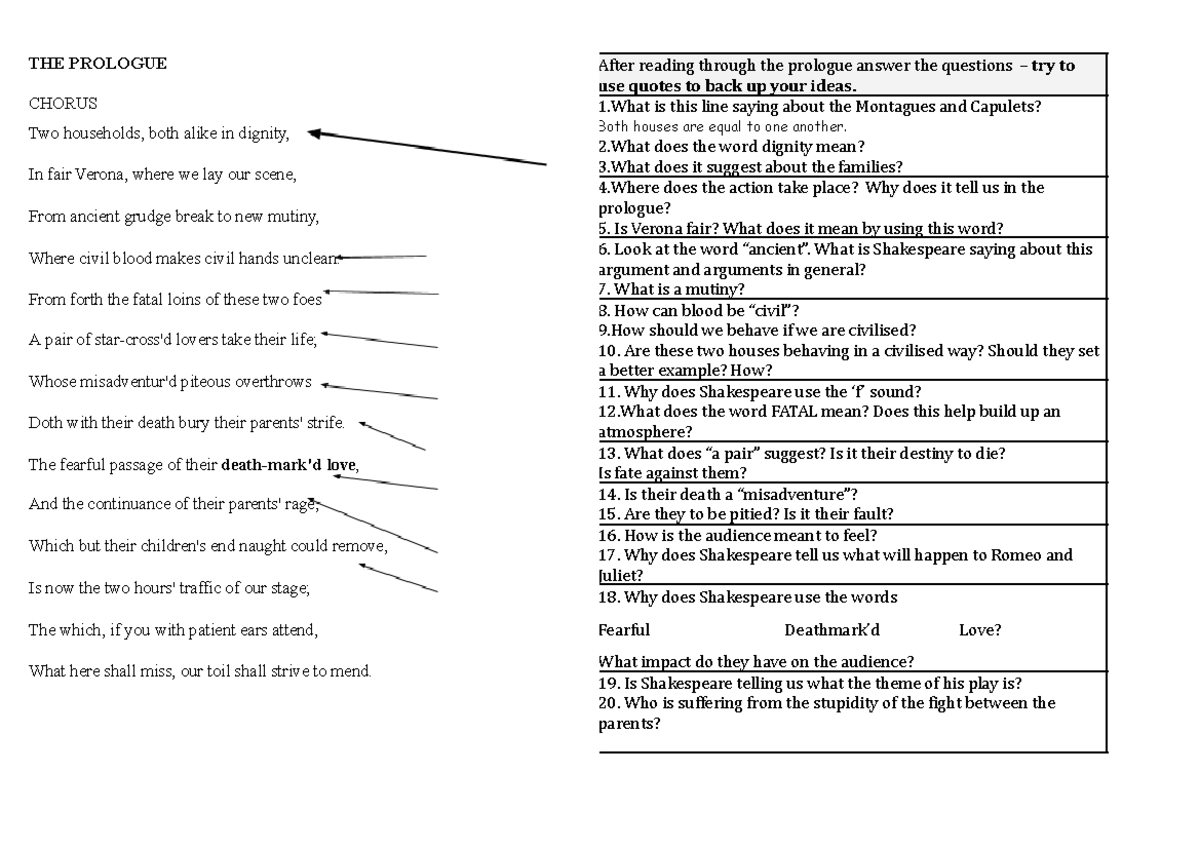 ENG 101: Analysis of Shakespeare's Prologue and Themes - Studocu