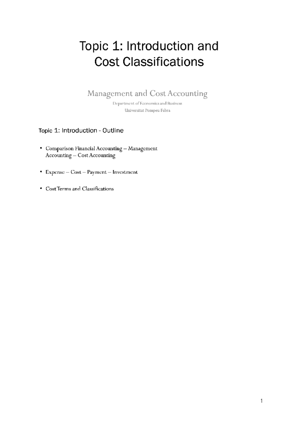 Cost Accounting Topic 1: Key Concepts and Exercises Explained - Studocu