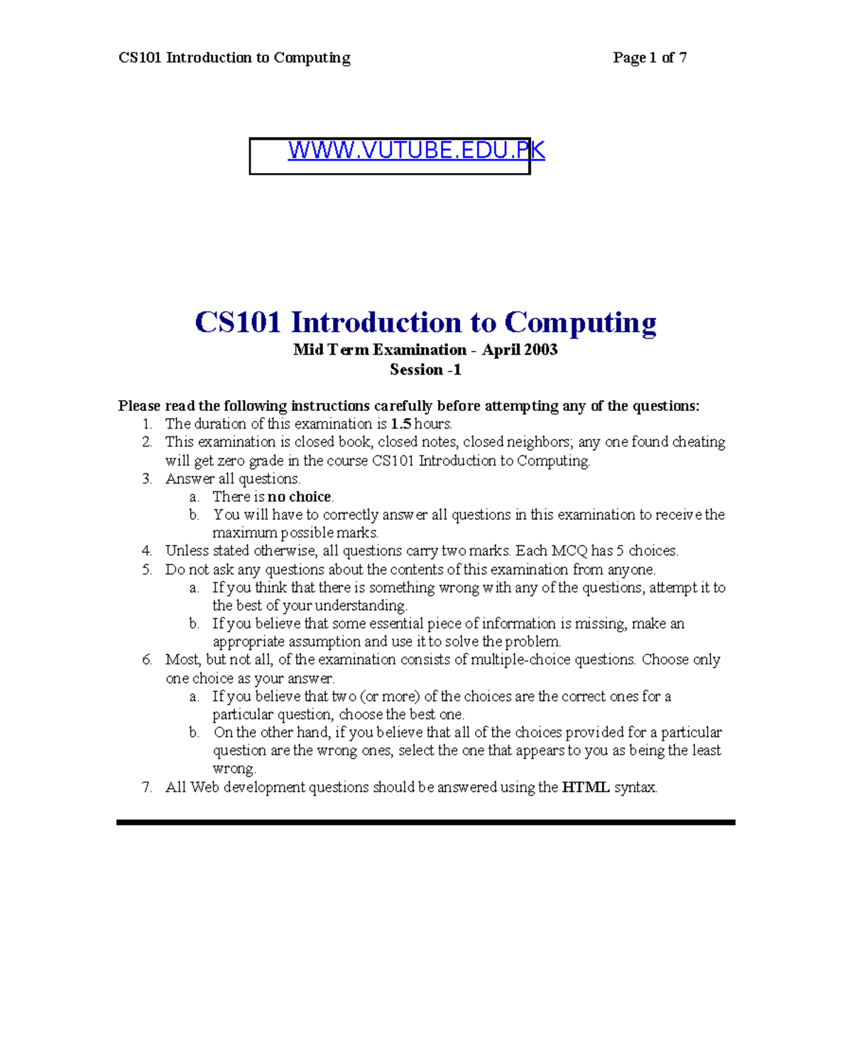 CS101 Mid Term Exam: Introduction to Computing April 2003 - Studocu