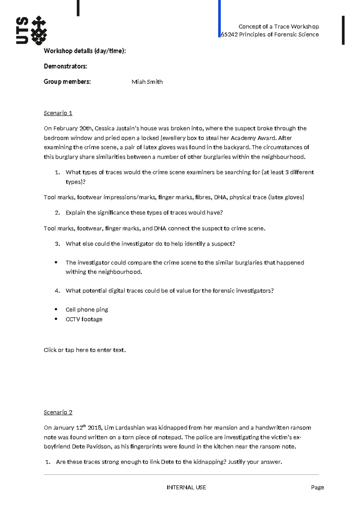 Worksheet - Concept of a Trace 65242 Forensic Science Workshop - Studocu