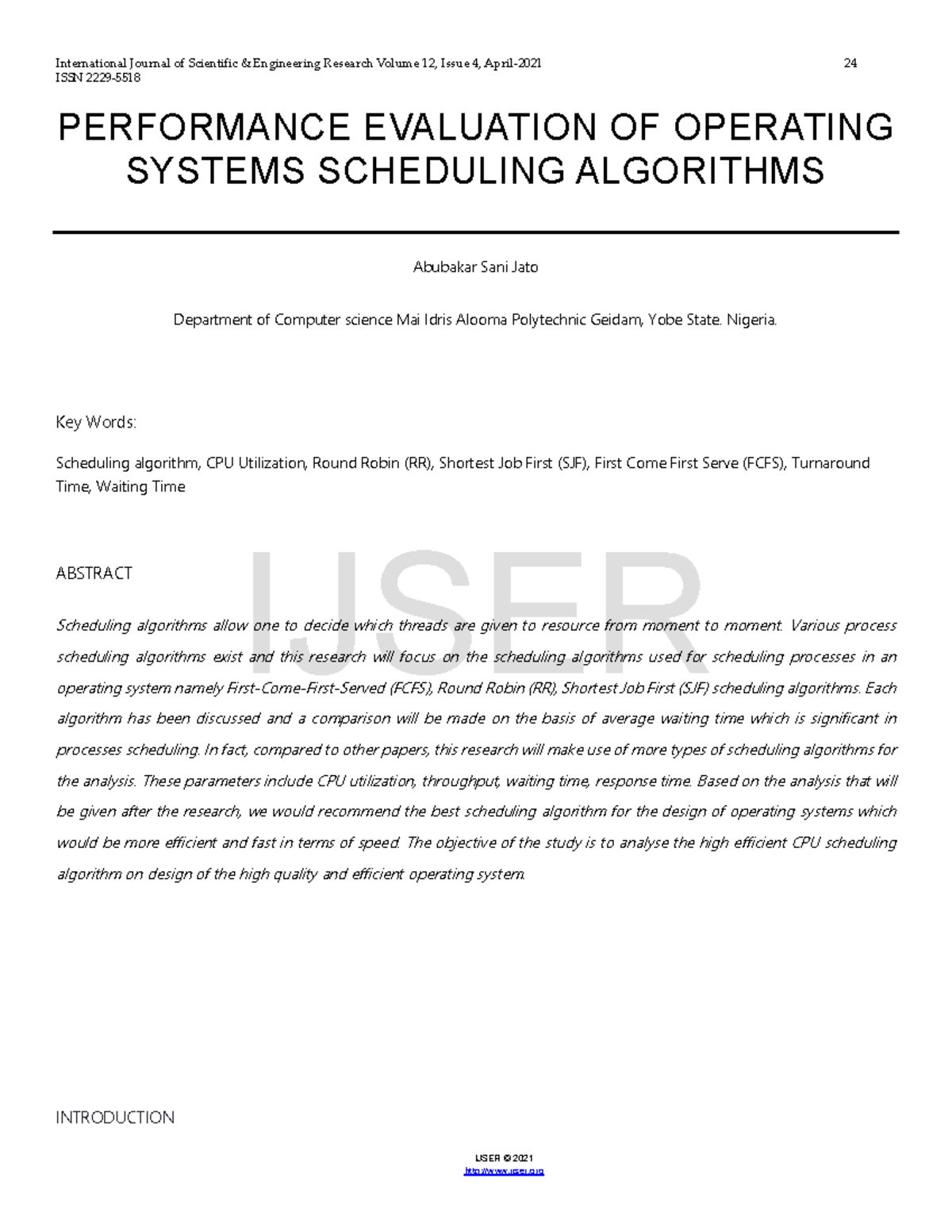 Performance Evaluation of OS Scheduling Algorithms: IJSER 2021 - Studocu