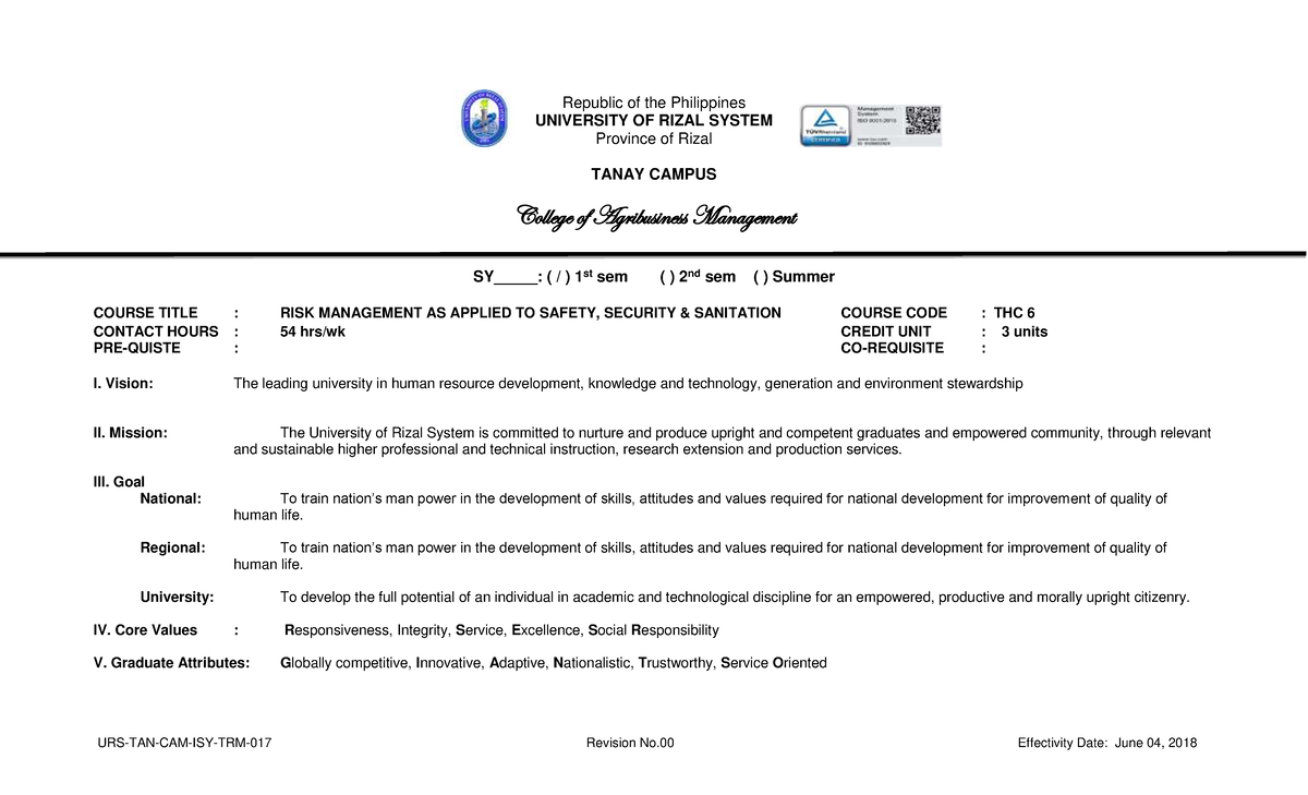 THC-2 Risk Management in Safety, Security, and Sanitation Notes - Studocu
