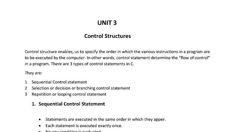 Unit 3: Control Structures in C Programming - Final Exam Notes - Studocu