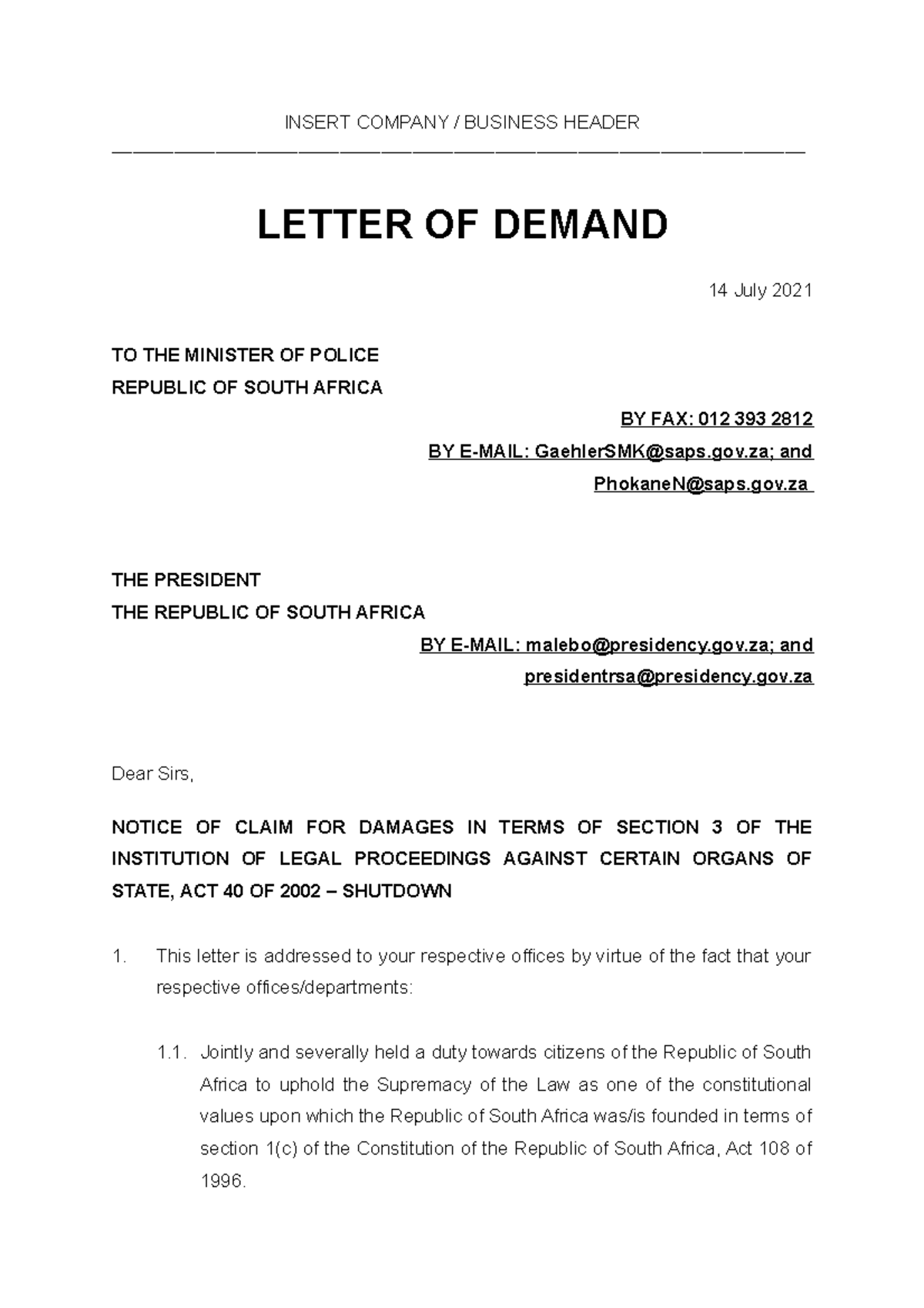 Letter of Demand for Damages to SAPS President – July 2021 - Studocu