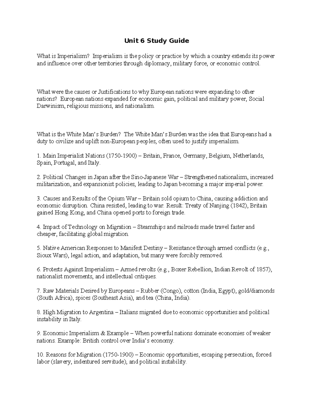 Unit 6 Study Guide - Good - Unit 6 Study Guide What is Imperialism ...