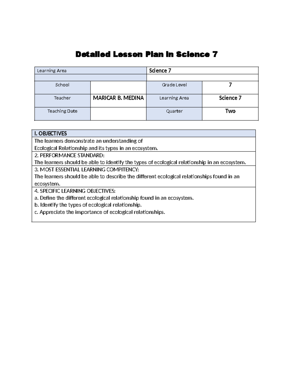 Detailed Lesson Plan in Science 7 - MEDINA Learning Area Science 7 ...