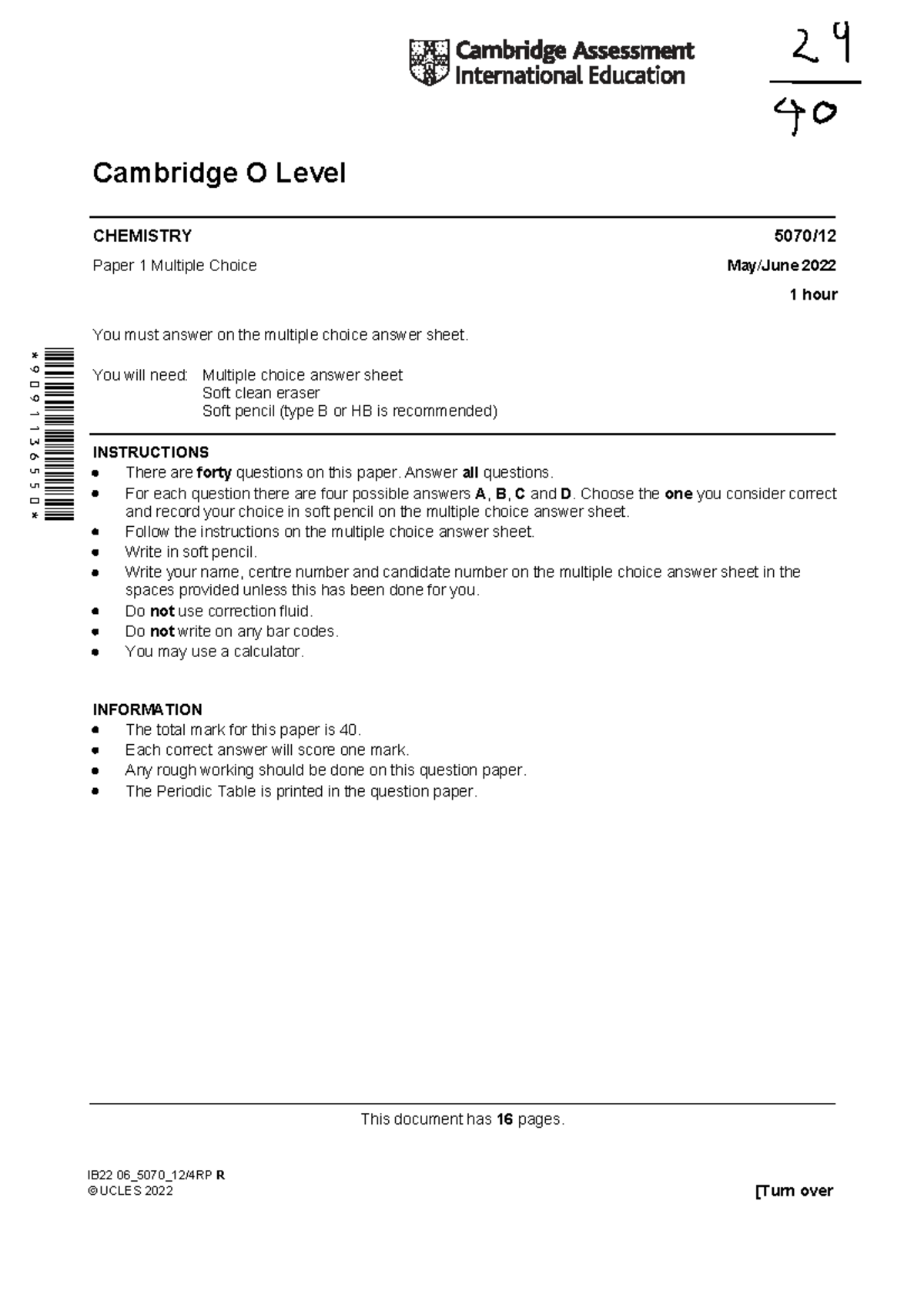 Cambridge O Level CHEMISTRY 5070/12 Paper 1 MCQ 2022 - Studocu