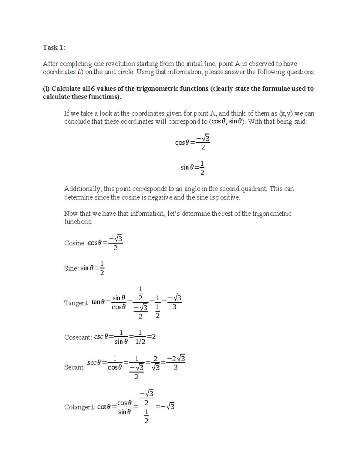 MATH 1201 Unit 6 Trigonometry Assignment Solutions and Analysis - Studocu