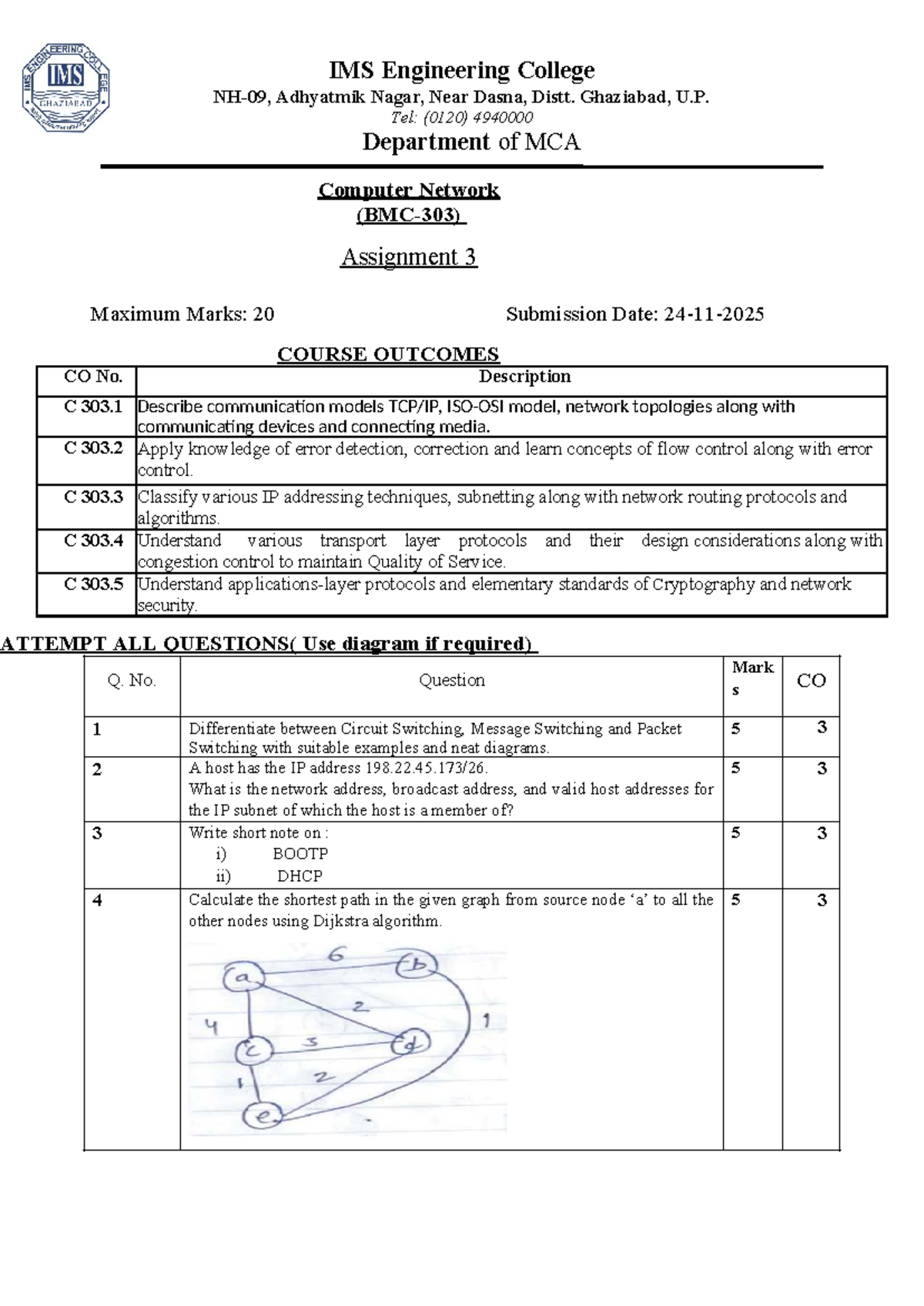 Assignment 3: Computer Networks (BMC 303) - Key Concepts & Questions ...