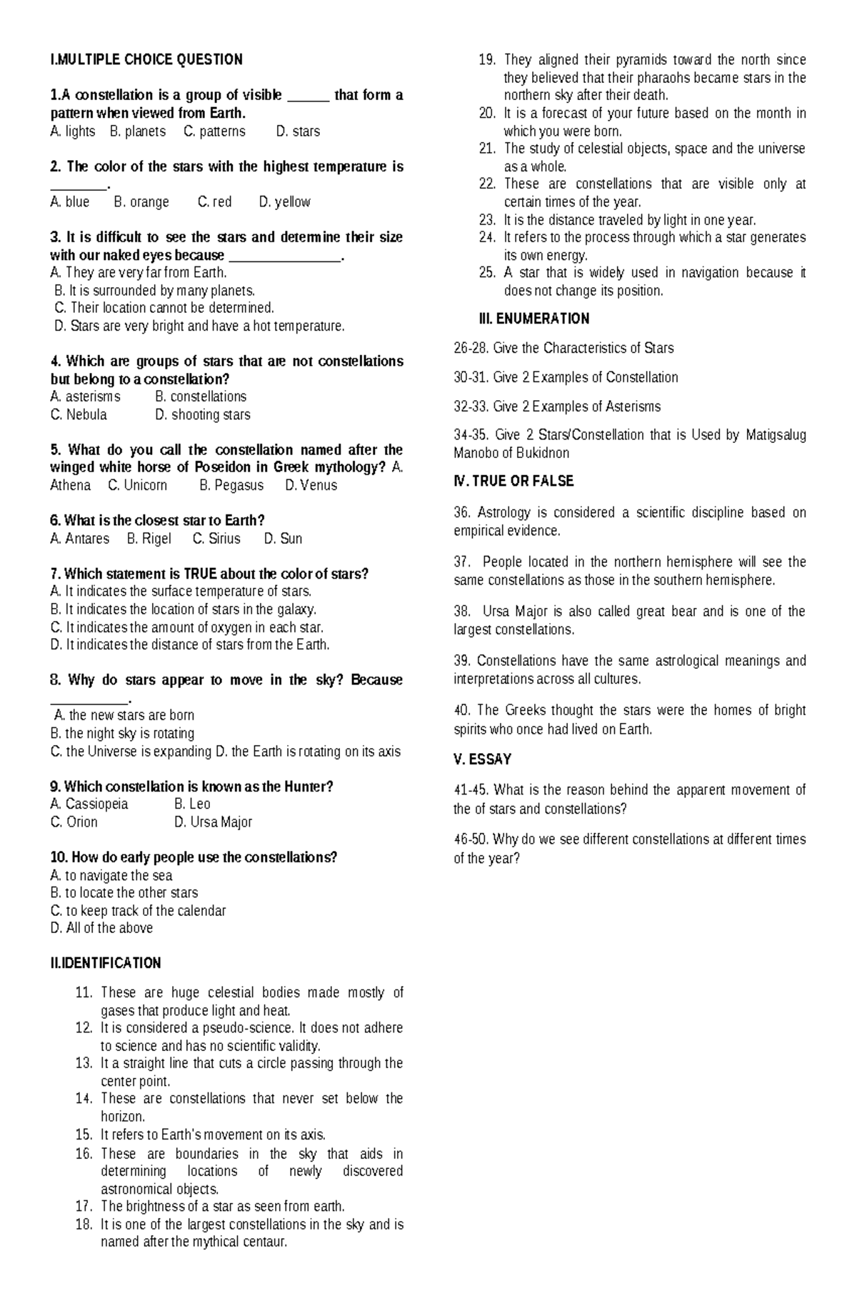 Module 3: Summative Test on Constellations and Stars - Studocu