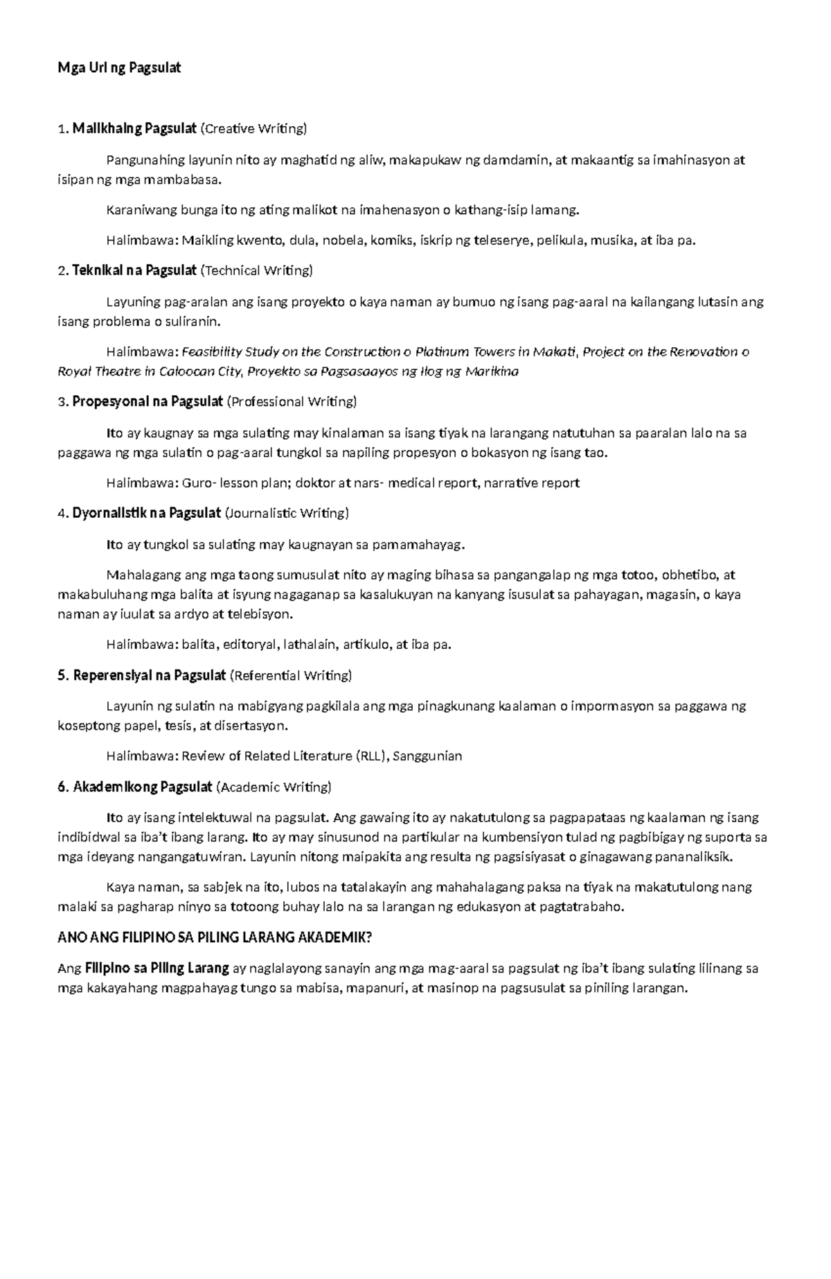 Mga Uri ng Pagsulat sa Filipino 12: An Overview of Writing Types - Studocu