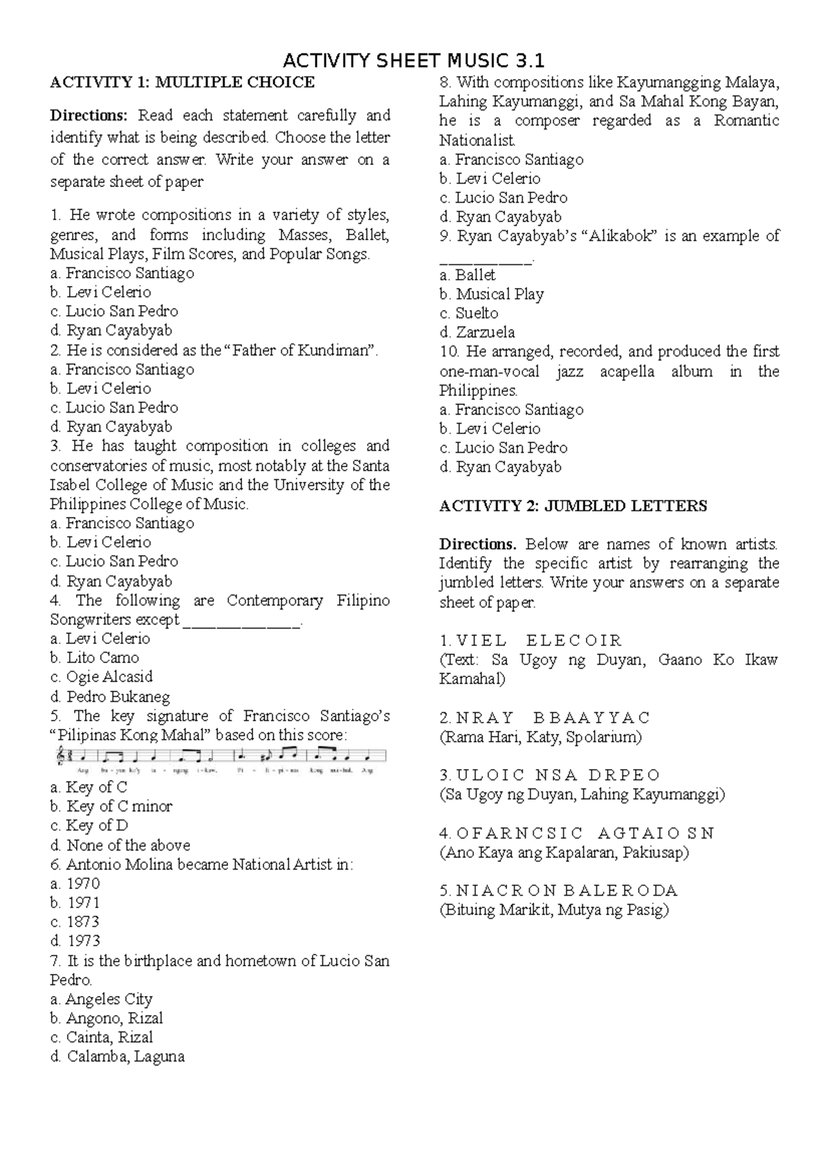 Music 3: Activity Sheet on Filipino Composers and Artists - Studocu